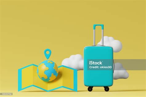 파란색 여행 가방 수하물과지도 핀 글로브와 노란색 배경에 구름이 있습니다 여름 방학 여행 여행 개념 3d 렌더링 3차원 형태에 대한 스톡 사진 및 기타 이미지 Istock