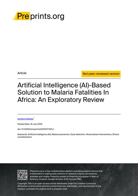 Pdf Artificial Intelligence Ai Based Solution To Malaria Fatalities In Africa An
