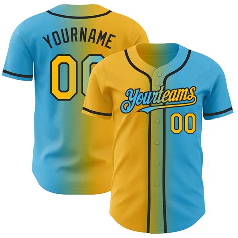 Custom Sky Blue Gold Black Authentic Gradient Fashion Baseball Jersey