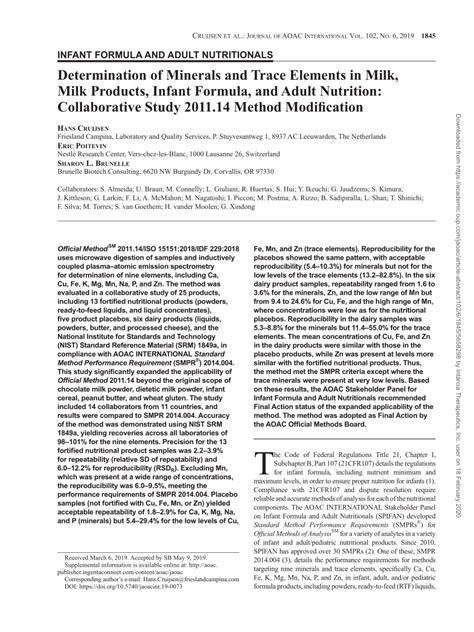 Pdf Determination Of Minerals And Trace Elements In Milk Milk Products Infant Formula And