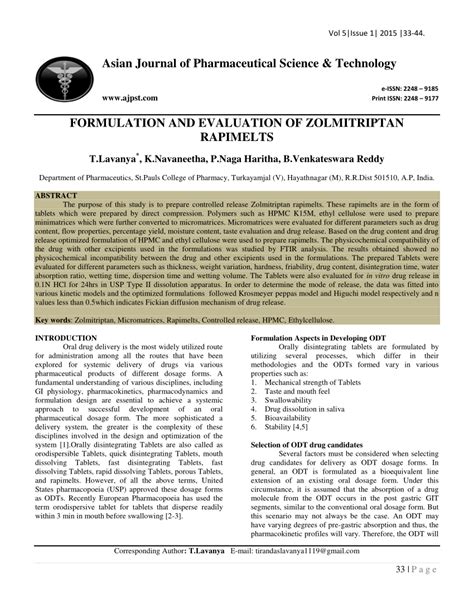 Pdf Formulation And Evaluation Of Zolmitriptan Rapimelts