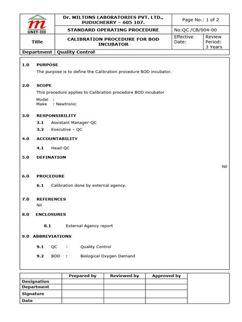 Bod Incubator Calibration Sop Pdf