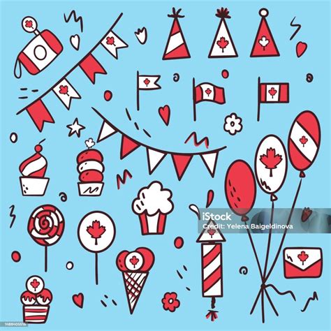 캐나다 국경일 7월 1일 낙서 스타일의 기호 및 아이콘 집합입니다 상징으로 단풍잎 인사말 카드 배너 또는 포스터 벡터 7월에 대한 스톡 벡터 아트 및 기타 이미지 Istock