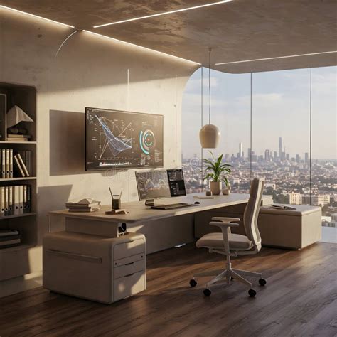 Right Modern Office With Dual Monitors Displaying Data Analytics And City View Stock