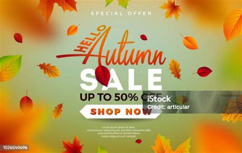 떨어지는 잎과 녹색 배경에 글자가을 판매 디자인 쿠폰 상품권 배너 전단지 홍보 포스터 또는 인사말 카드에 대 한 특별 제공 타이포 그래피 요소와가 벡터 일러스트 10월에