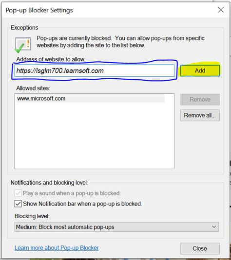 3 Type In The Address Of The Website That You Wantto Allow Pop Ups To And Click On The Add