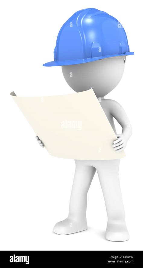 3d Little Human Character The Builder Looking At A Blueprint Front