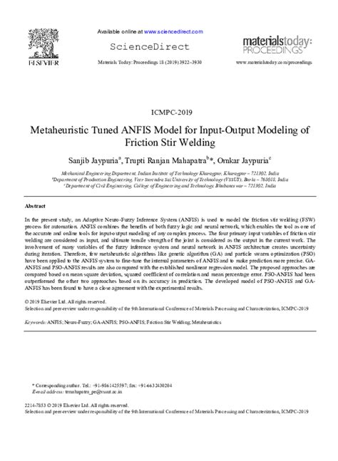 Pdf Metaheuristic Tuned Anfis Model For Input Output Modeling Of