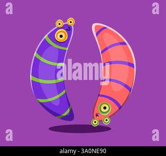 Cartoon Illustration Of A Purple Worm Monster With Many Eyes Crawling