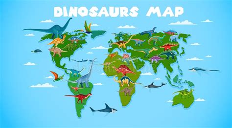 World Map With Prehistoric Dinosaurs And Reptiles Stock Vector