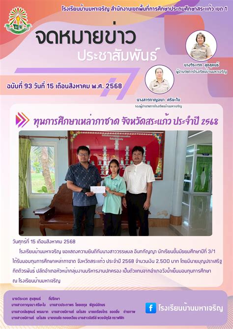 โรงเรียนบ้านมหาเจริญ วันศุกร์ที่ 8 เดือนสิงหาคมคม พ ศ 2568 นางวิระเวก สุขสุคนธ์ ผู้อำนวยการ