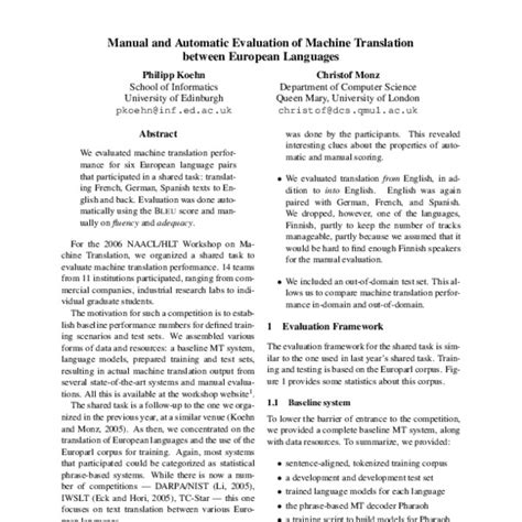 Manual And Automatic Evaluation Of Machine Translation Between European Languages Acl Anthology