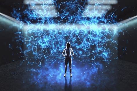 premium photo hacker standing in abstract room interior with blue