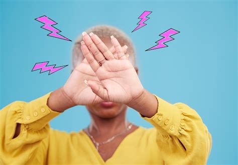 Premium Photo Hands Lightning Graphic And A Woman On A Blue Background For Stop Or Rejection