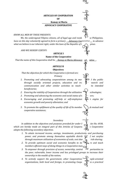 Cooperative Output Ddsw Articles Of Cooperation Of Kamay Ni Maria Advocacy Cooperative Know