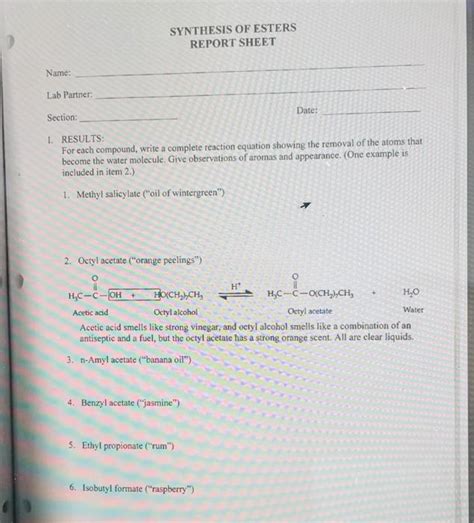 Solved SYNTHESIS OF ESTERS REPORT SHEET Name Lab Partner Chegg Com