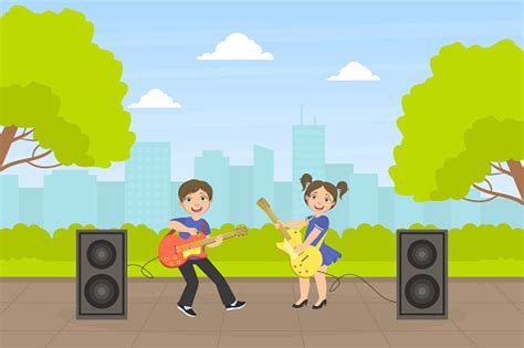 귀여운 소녀와 소년 연주 기타 야외 콘서트 또는 음악 축제 벡터 일러스트에서 공연 재능있는 젊은 음악가 공연자에 대한 스톡 벡터 아트 및 기타 이미지 Istock