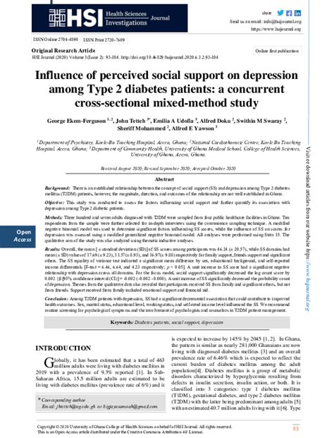 Pdf Influence Of Perceived Social Support On Depression Among Type 2 Diabetes Patients A