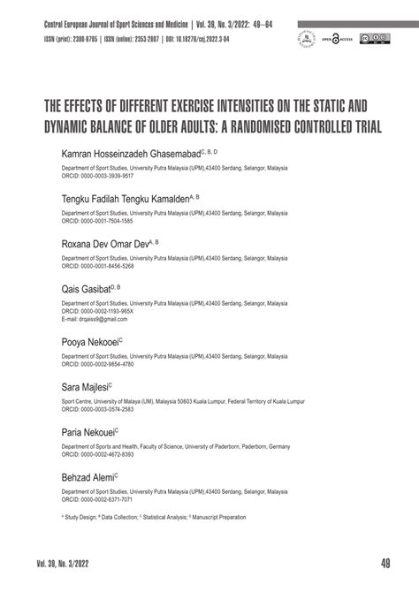 Pdf The Effects Of Different Exercise Intensities On The Static And