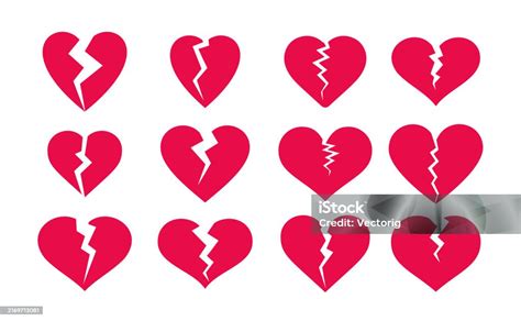 깨진 마음 그림의 세트 흰색 배경에 다양한 빨간 비탄 기호 금이 간에 대한 스톡 벡터 아트 및 기타 이미지 금이 간 아이콘