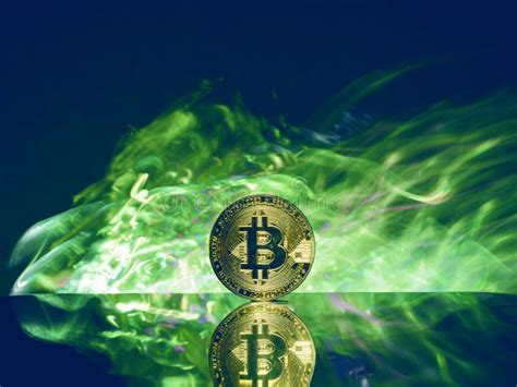 Golden Bit Coin On Abstract Green Color Electric Background Finance