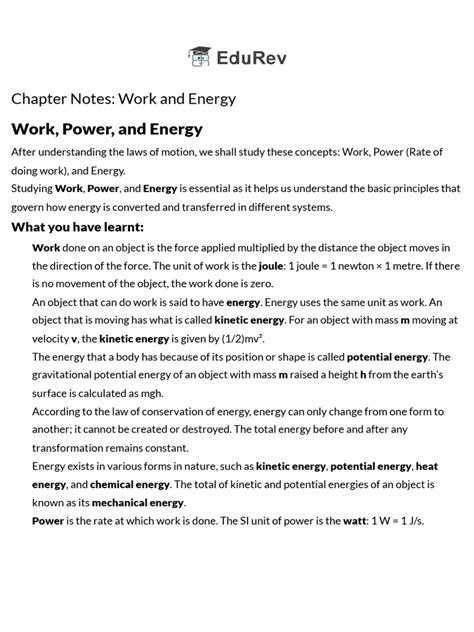 Work And Energy Class 9 Notes Science Chapter 10 Free Pdf Pdf Force Potential Energy