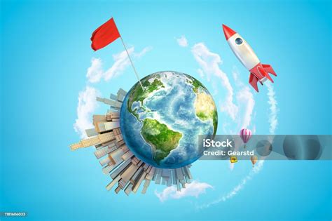 푸른 하늘 배경에 도시 건물 공기 풍선 붉은 깃발과 공간 로켓컬러 지구 지구의 3d 렌더링 3차원 형태에 대한 스톡 사진 및 기타 이미지 Istock