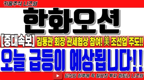 한화오션 주가전망 장전 긴급속보 오늘 급등이 예상됩니다한미 관세협상김동관 회장 관세협상참여美 조선업 주도 한화오션주가전망 한화오션주가 한화오션전망 한화