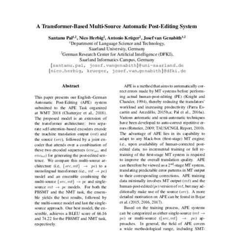 A Transformer Based Multi Source Automatic Post Editing System Acl Anthology