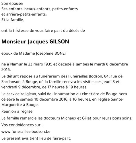 Avis De Décès De Jacques Gilson Décédé Le 06 12 2016 à Jambes Annonce Condoléances Fleurs