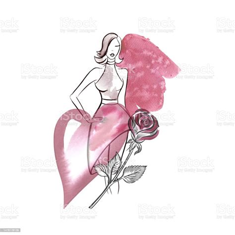 아름다움과 패션 세련된 소녀와 장미 꽃 마젠타 수채화 얼룩 배경 손으로 그린 수채화 흰색 배경에 화장품 엽서 및 명함 라벨 Glamour Women Of The Year