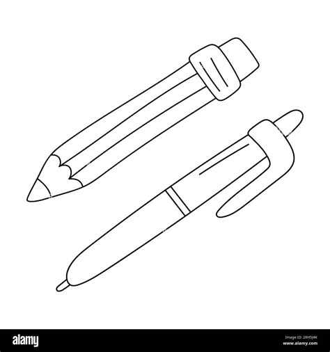 Pencil With Eraser And Ballpoint Pen Outline Doodle Stationery Office