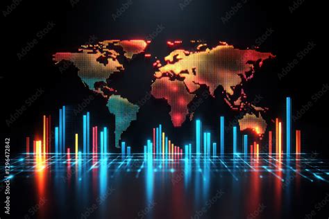 Global Data Visualization With Bar Graph And World Map Background Stock