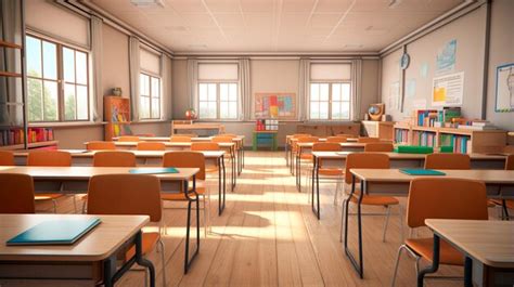 A Classroom With Desks And Chairs And A Book Shelf Premium Ai Generated Image