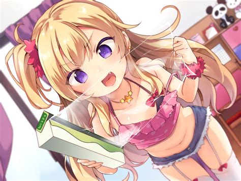 Kedama Milk Original Wrapper Commentary Request 1girl Black Bra Blonde Hair Blue Shorts