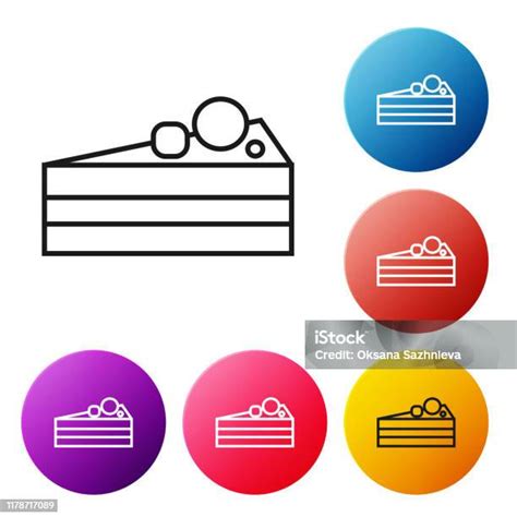 흰색 배경에 격리 된 검은 선 케이크 아이콘입니다 생일 축하해요 아이콘 다채로운 원 버튼을 설정합니다 벡터 일러스트레이션