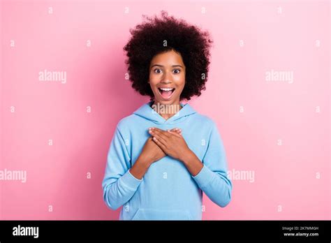 Photo Of Astonished Funky Person Hands Touch Chest Open Mouth Isolated