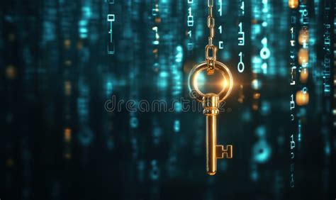 Golden Key Hanging In Digital Matrix Symbolizing Security And Access
