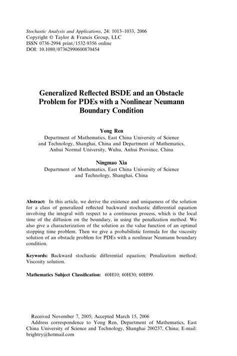 Pdf Generalized Reflected Bsde And An Obstacle Problem For Pdes With