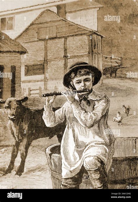 A British Farm Lad In Playing A Flute Whilst Wearing A Smock Stock Photo Alamy
