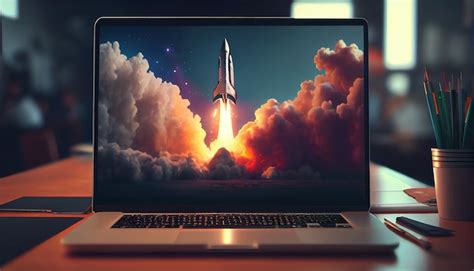 Premium Photo A Laptop With A Rocket On The Screen