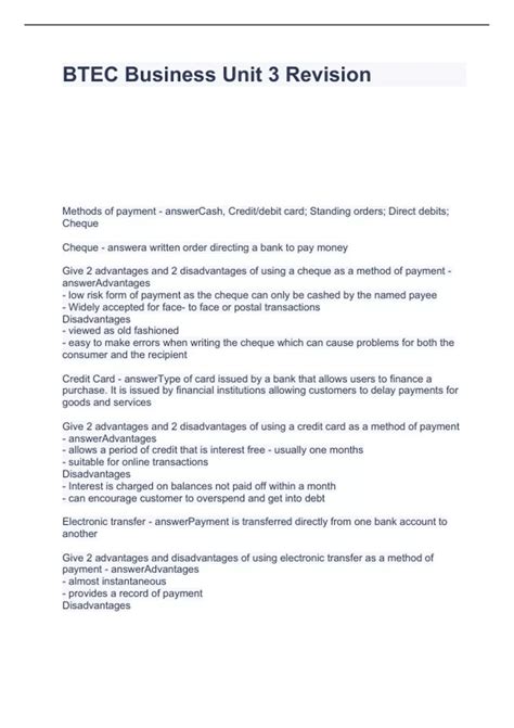 Btec Business Unit 3 Revision Questions With Answers Btec Stuvia Us