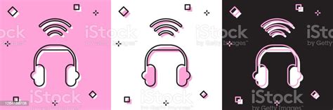 분홍색과 흰색 검은 색 배경에 격리 스마트 헤드폰 시스템 아이콘을 설정합니다 무선 연결과 사물 인터넷 개념 벡터 Dj에 대한 스톡 벡터 아트 및 기타 이미지 Istock
