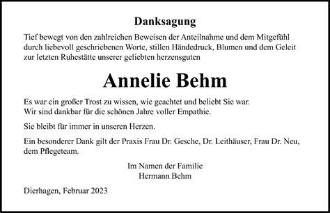 Traueranzeigen Von Annelie Behm Trauer Anzeigende