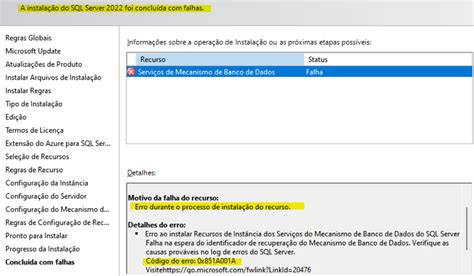 Instalação concluída FALHAS no Serviço de Mecanismo de Banco de Dados Microsoft SQL