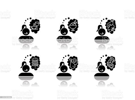 음식 갈망 드롭 그림자 검은 색 문고 아이콘 세트 건강에 해로운 간식을 생각하는 여성 맛있는 간식 패스트 푸드의 생각 햄버거