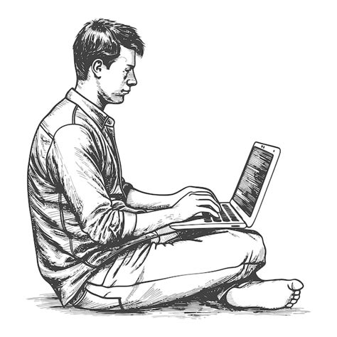 Premium Vector Man Playing On Laptop While Sitting Cross Legged With Engraving Style