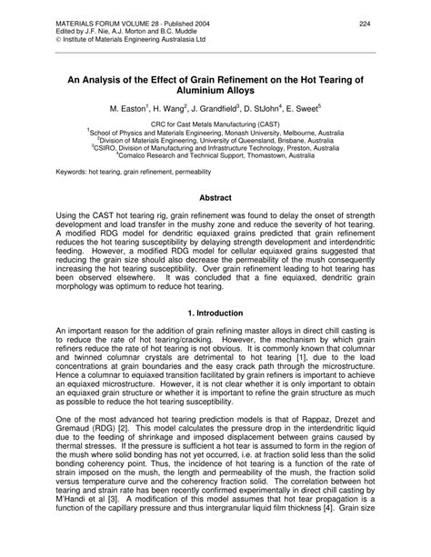 Pdf An Analysis Of The Effect Of Grain Refinement On The Hot Tearing Of Aluminium Alloys