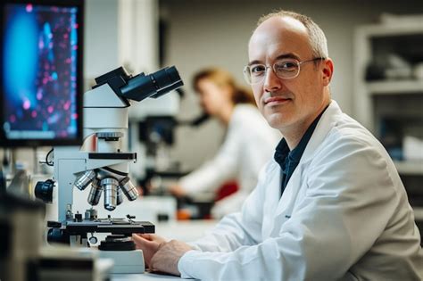 Researchers In A Modern Lab Utilizing An Electron Microscope For Precision Analysis Premium Ai