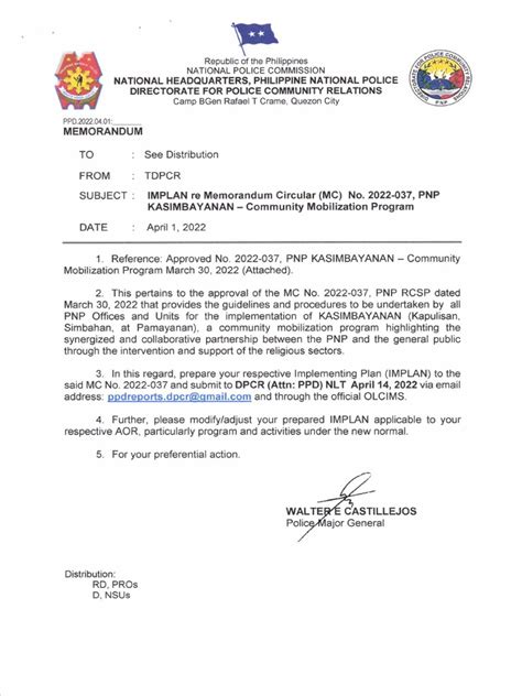 Memorandum Circular Mc No 2022 037 Pnp Kasimbayanan Community Mobilization Program Pdf